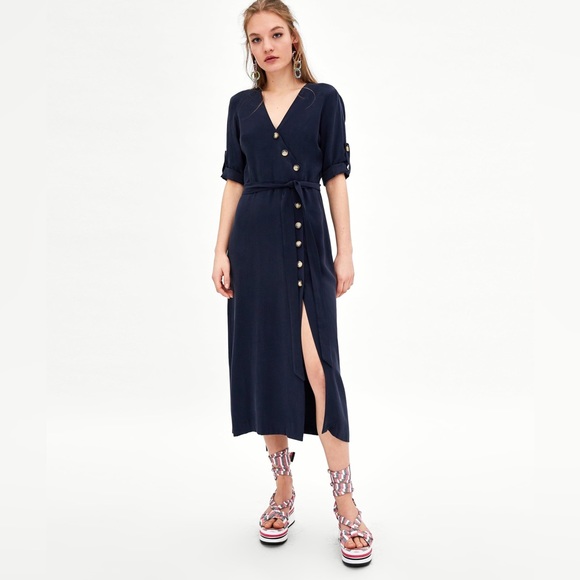 Zara | Dresses | Zara Navy Blue Button Detail Midi Dress | Poshmark